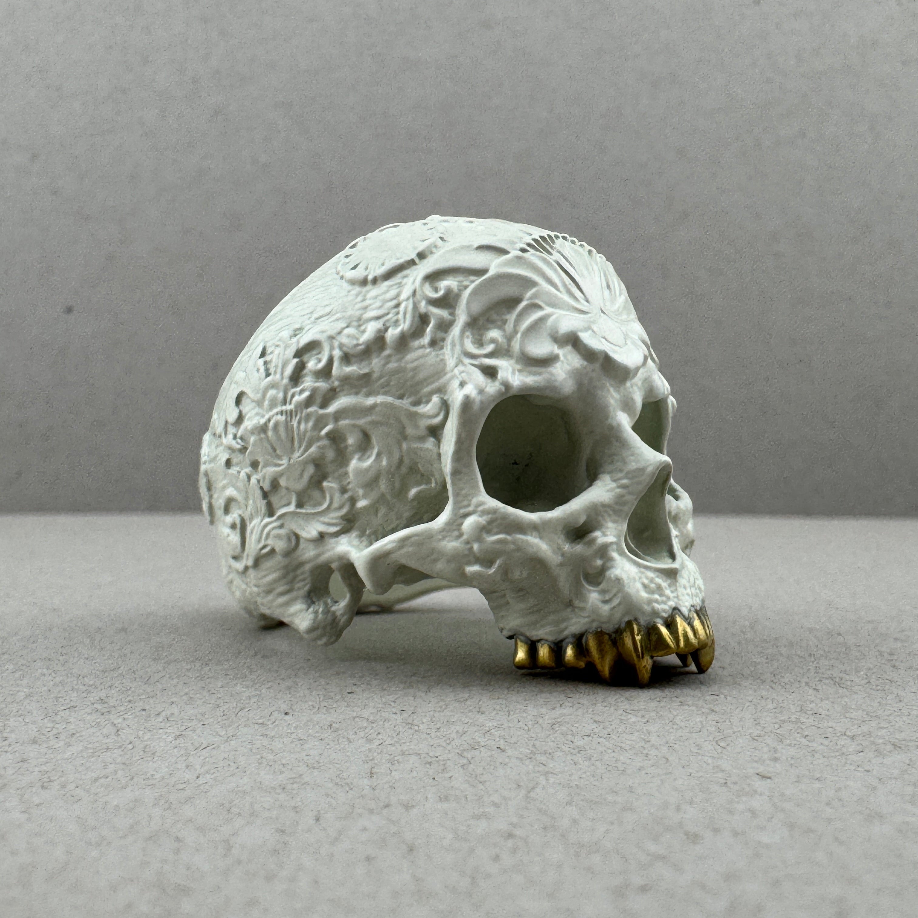 Sz14.5 White Ceramic on Brass Ornamental Skull Ring – Geoff Thomas Designs